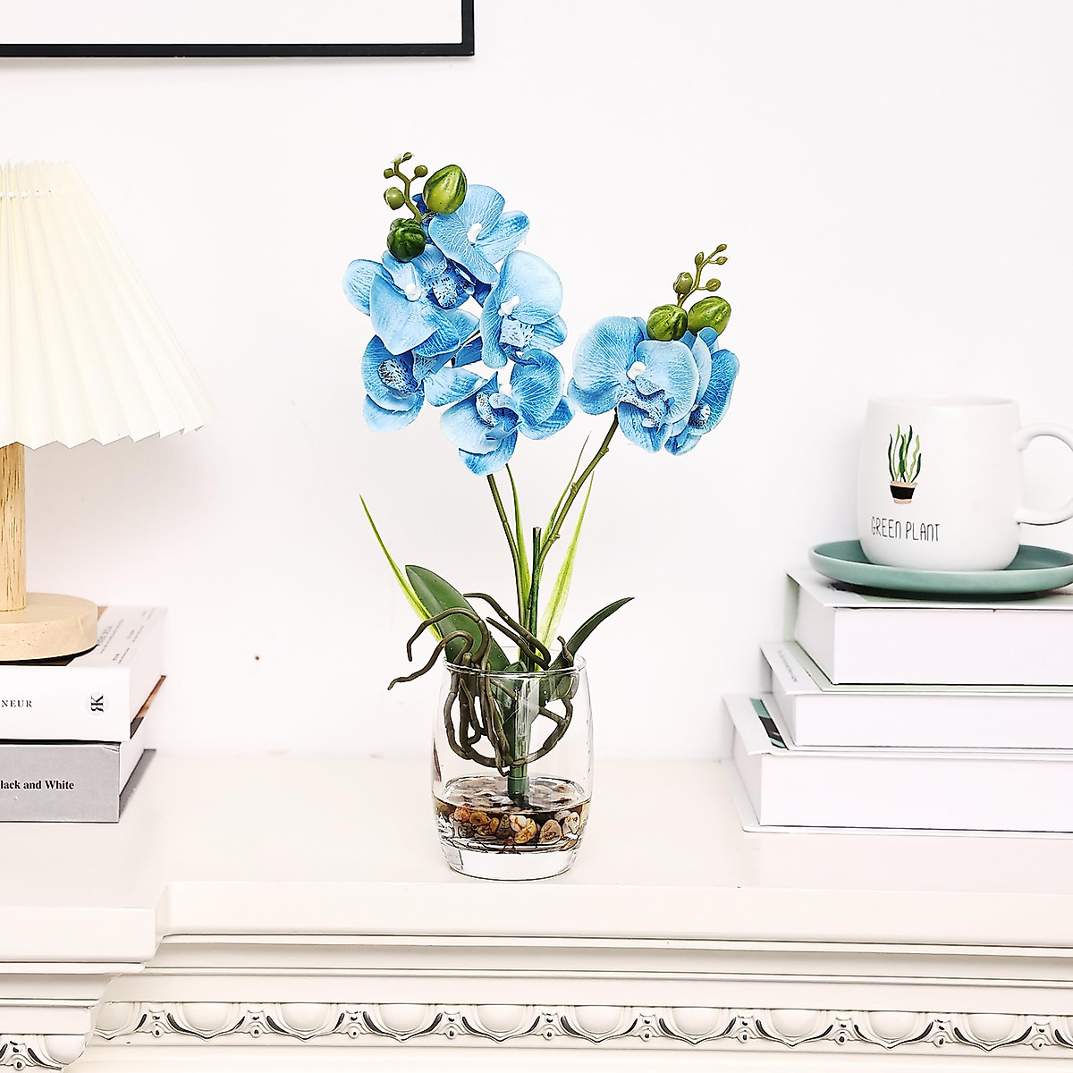 Jusdreen 1 Pcs Glass Vase Artificial Orchid Flower Bonsai Vivid Phalaenopsis Flowers Potting for Home Office Décor,Table Centerpiece Room Decorations 14.5 INCH (Glass Vase/Blue Orchid)