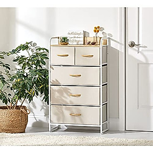 mDesign Tall Dresser Storage Chest - Vanity Furniture Cabinet Tower Unit for Bedroom, Office, and Closet - Textured Print - 5 Removable Drawers - Cream/White