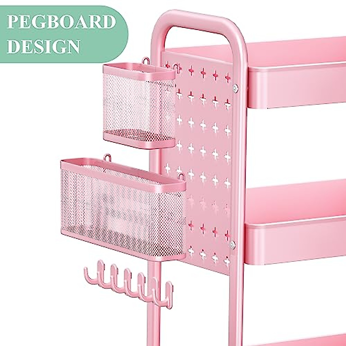 3 Tier Rolling Cart Organizer - Utility Cart on Wheels, Metal Pink Rolling Storage Cart with DIY Dual Pegboards, Removable Baskets Hooks, Teacher Rolling Art Cart for Office, Home, Kitchen, Classroom