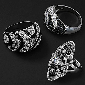 Art Deco Style Black White CZ Filigree Wide Fashion Statement Armor Full Finger Ring For Women Silver Plated Brass