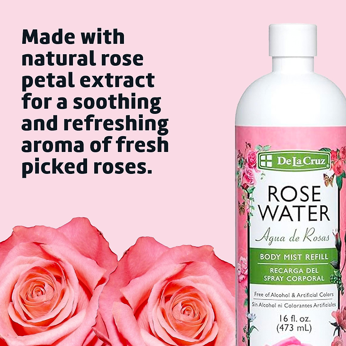 De La Cruz Rose Water Body Mist Refill- Rosewater Spray for Face, Skin and Hair 16 fl oz (1 Bottle)