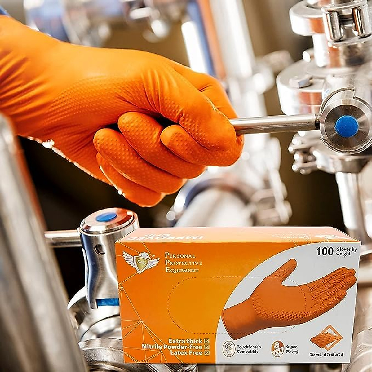 S&G Orange Nitrile Gloves | 100 Pcs | XL | Disposable Latex-Free 8Mil Thick Heavy Duty Powder-Free for Mechanics, Industrial
