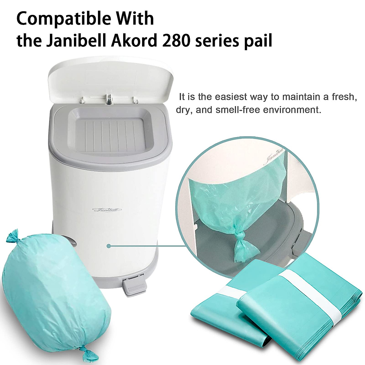 6 Pack of Diaper Disposal Liners Compatible with Janibell Brand Akord, 280 Slim Model Adult Refills, Continuous Liner System Eliminates Waste