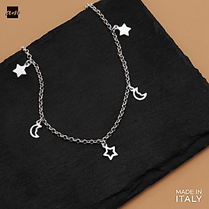 Amberta Women 925 Sterling Silver Anklet with Charms: Ankle Bracelet with Moons and Stars - 22 + 4 cm