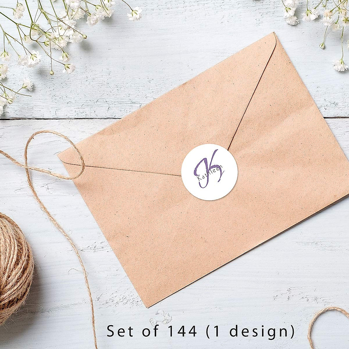 Current Personalized Initial & Name Inspirational Envelope Seals - Set of 144, 3 Color Choices (Gray, Brown, Purple), 1-1/2 Inch Round Stickers