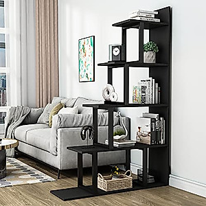 YITAHOME 5-Shelf Bookshelf, L-Shape Freestanding Ladder Corner Bookcase, Modern Minimalist Style Multipurpose Storage Display Rack for Living Room Bedroom Hallway Office, Black