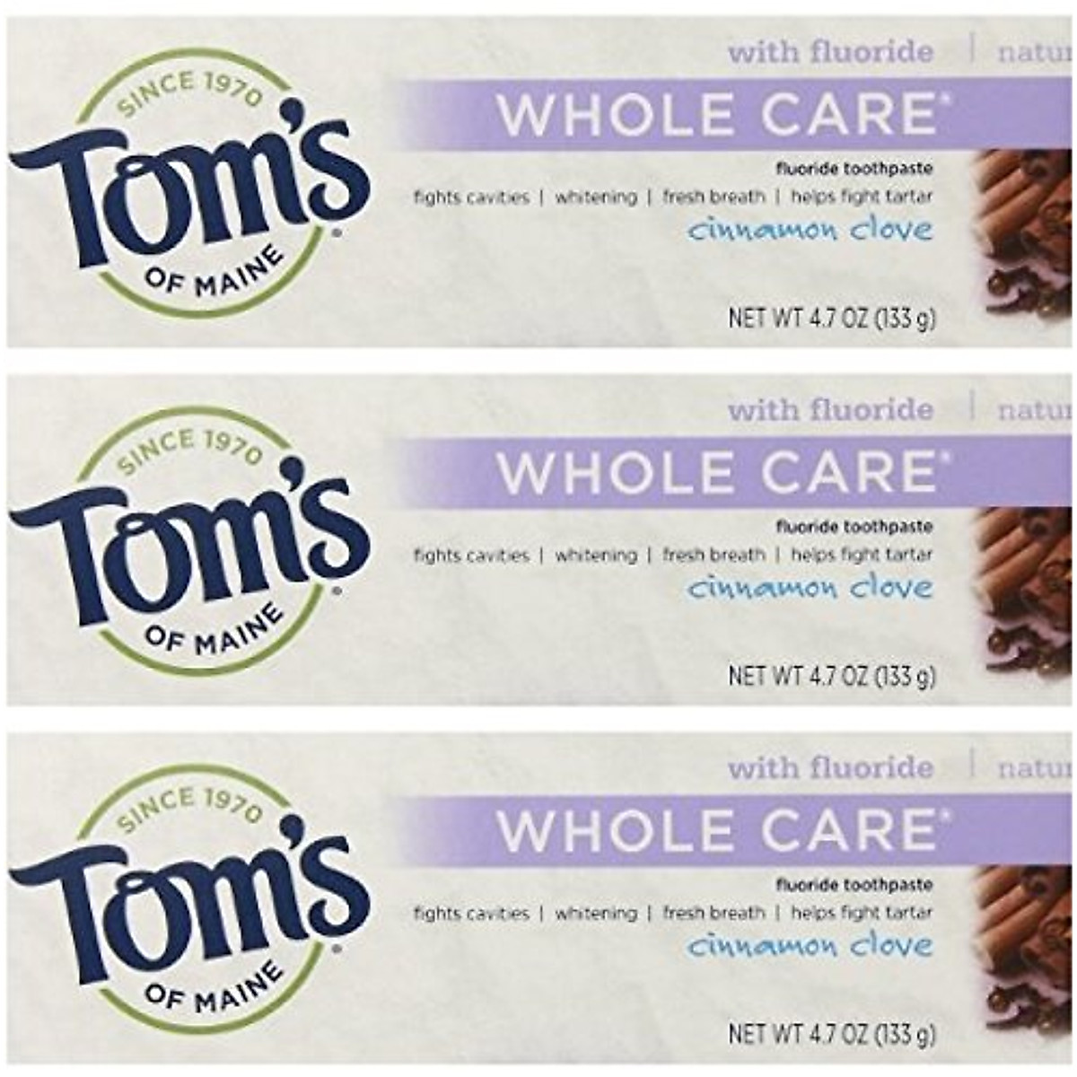 Tom's of Maine Natural Whole Care Toothpaste with Fluoride, Cinnamon Clove, 3 Count