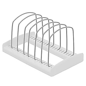 Home Basics Lid and Pan Adjustable Organizer, White | 6 Slots with Divider | Strong & Sturdy Metal Wires with Plastic Base