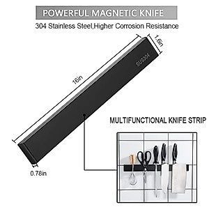 Petgin Magnetic Knife Holder for Wall,16 Inch Knife Magnetic Strip, Stainless Steel Magnetic Knife Strip Bar Rack Block for Kitchen Utensil Holder, Art Supply Organizer & Tool Holder,Black