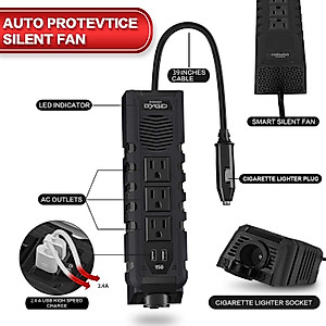 BYGD 150W Car Power Inverter for Vehicles, DC 12V to 110V AC Car Plug Adapter Outlet Converter with 1 Cigarette Lighter Socket, 3 AC Outlets, Dual 4.8A Fast Charging USB Ports for Digital Devices
