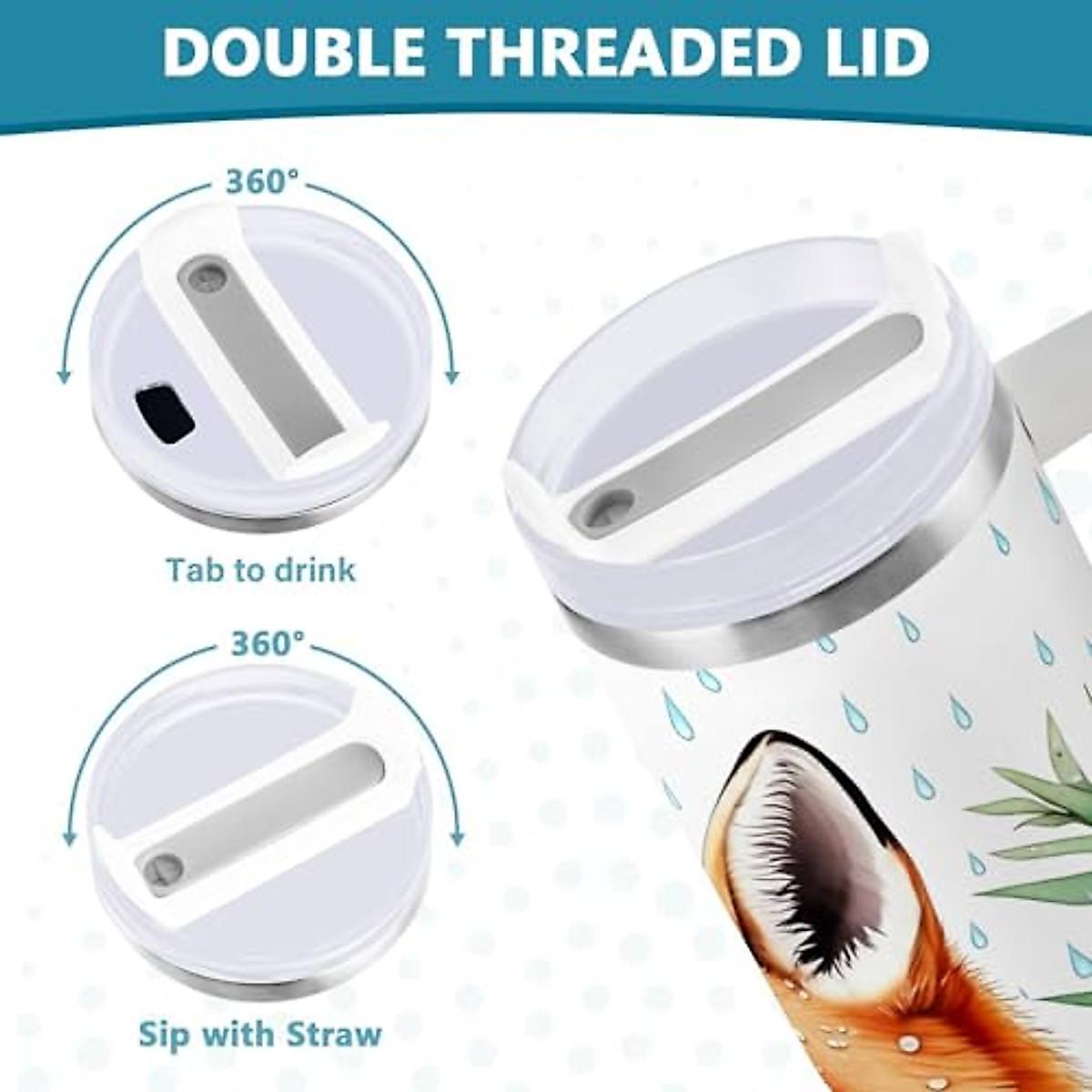 RPLIFE Cute Fox Green Leaves Tumbler, Stainless Water Bottle, Drinking Cups with Lids and Straws