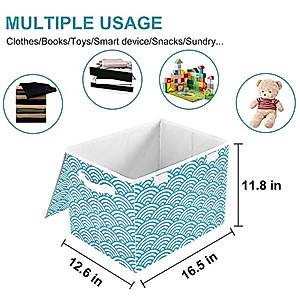 CaTaKu Storage Bins with Lids Japanese Wave Fabric Large Storage Container Cube Basket with Handle Decorative Storage Boxes for Organizing Clothes Shelves