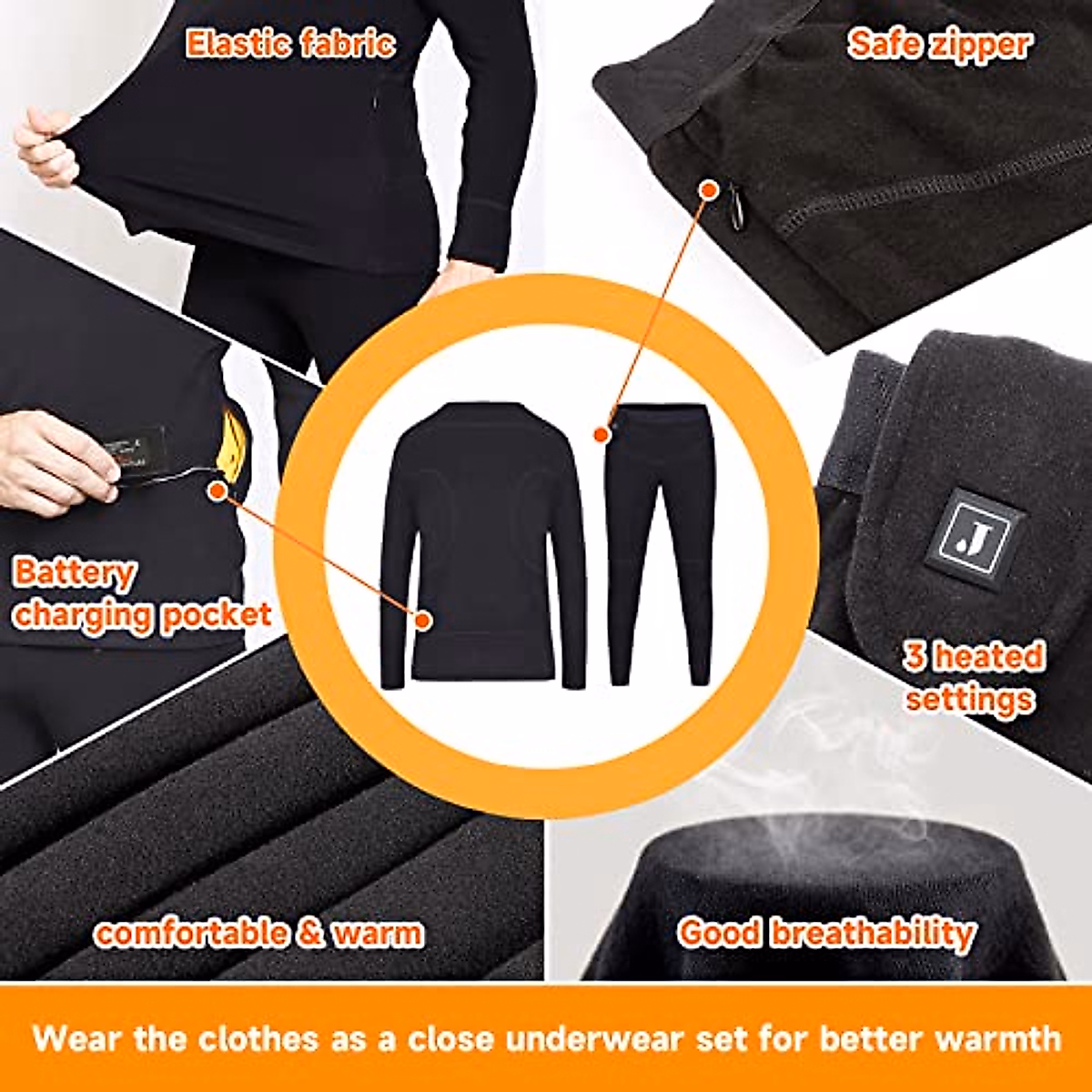 J JINPEI Heated Thermal Underwear for Men Women, Heated Long Underwear Johns Base Layer Sets (L) Black