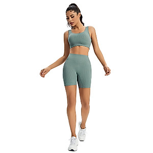 Chiphell Ribbed Workout Sets for Women 2 Piece Square Neck Crop Top and High Waist Biker Shorts Seamless Activewear Tracksuit