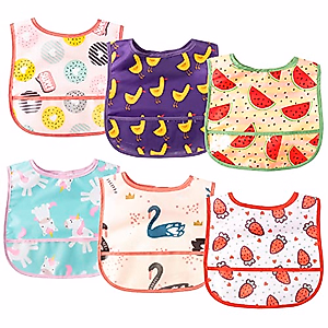 6Pcs Baby Feeding Bibs Waterproof Toddler Bib Set with Crumb Catcher Pocket Infant Adjustable Baby Teething Bib Babies Sleeveless Colorful Fruits Food Bibs Keepsake Gift for Baby Shower, 6-24 Months