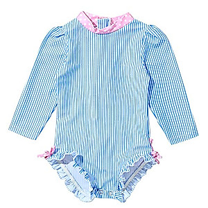 Yeeye Baby Girls Long Sleeve Printed One Piece Swimsuit UPF50+ Sun Protection Rashguard Shirt with Zipper Blue,White 3-6 Months