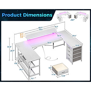 ODK U Shaped Desk with Power Outlets & LED Strip & Monitor Stand, 66" Reversible L Shaped Desk with Drawers and Storage Shelf, Home Office Gaming Desk, All White