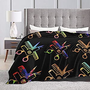 Scissors and Comb Hair Stylist Salon Black Soft Throw Blanket All Season Microplush Warm Blankets Lightweight Tufted Fuzzy Flannel Fleece Throws Blanket for Bed Sofa Couch 50x60in