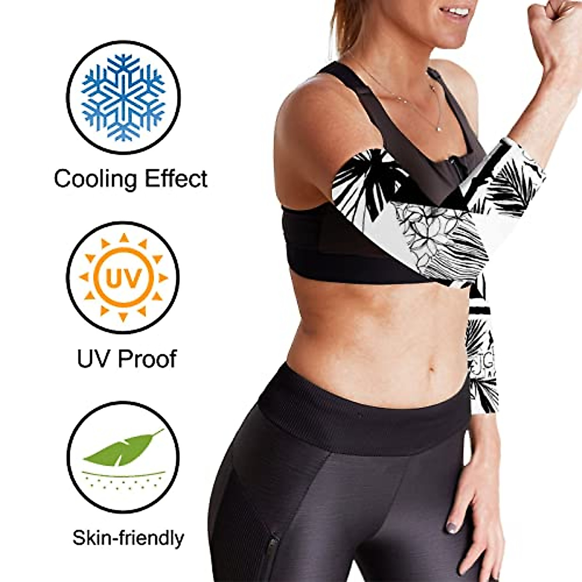 Women UV Sun Protection Arm Sleeves 1 Pair, Sun-protective Cooling Sleeves Tropical Ink Flower, Arm Cover Shield for Men Cycling Golf Hiking Running Outdoor Sports M