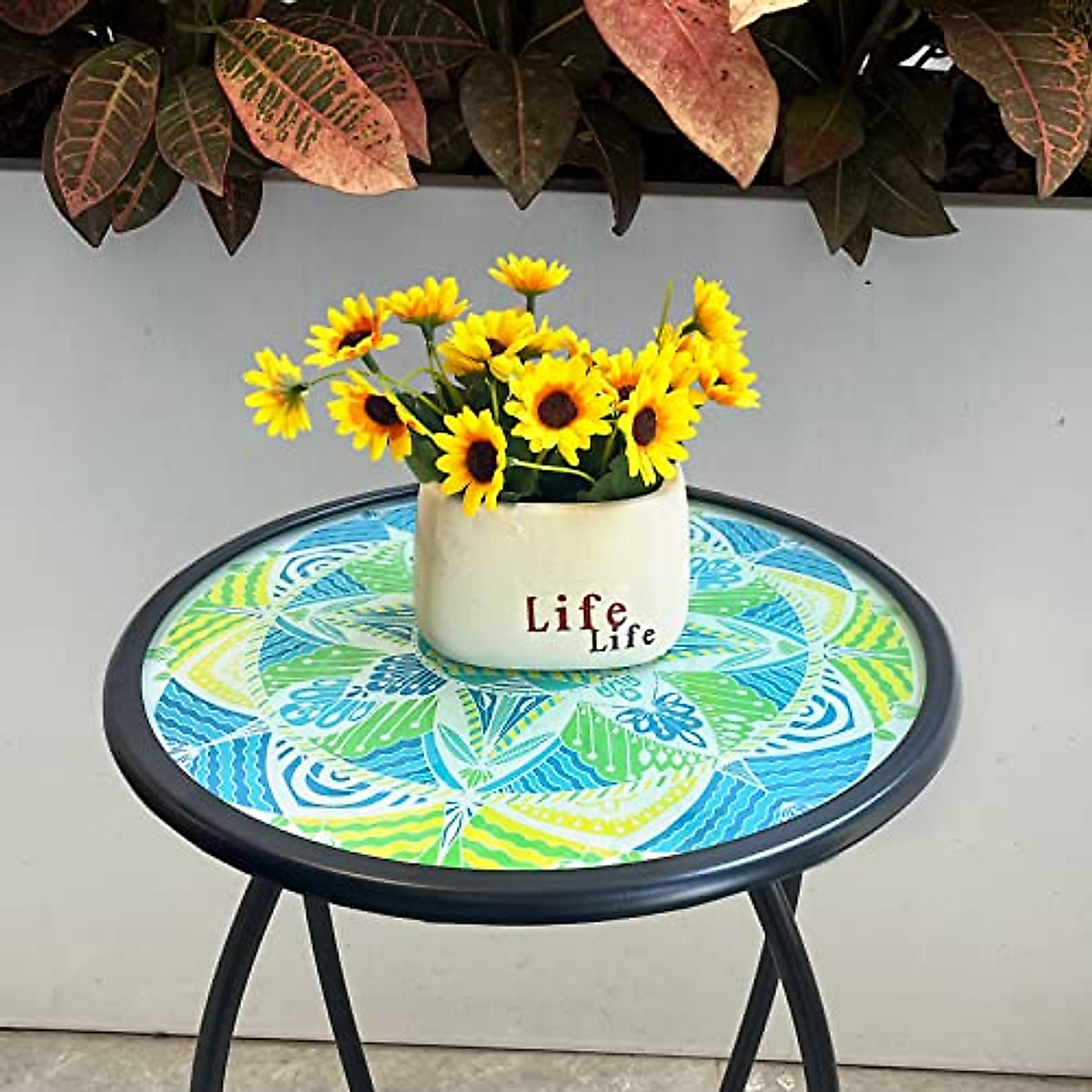 HONGLAND Mosaic Outdoor Side Table, 14" Round Patio Side Table, Mosaic Plant Stand, End Table W/Storage Shelf, Small Bistro Coffee Table for Garden Patio Porch Living Room(Green)