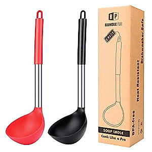 Pack of 2 Ladle Spoon,Silicone Large Spoon for Soup,Non Stick Kitchen Utensils with High Heat Resistant,BPA Free Perfect Kitchen Tools for Cooking, Stirring,Serving Soups (Black-Red)