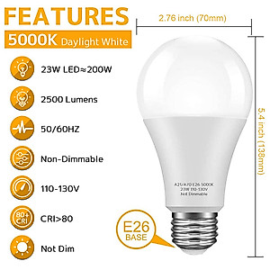 KINDEEP E26 LED Bulbs, 150W-200W Incandescent Bulb Equivalent, 23W, A21 LED Light Bulbs, 2500 Lumens, Not-Dimmable 6 Pack Daylight White 5000K