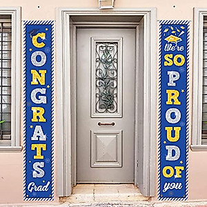 Graduation Door Banner Congrats Grad Porch Sign and So Proud of You Yard Signs Royal Blue Gold Silver Graduations Welcome Hanging Banner for College Graduation Party Decorations