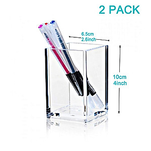 2 Pack Clear Acrylic Pencil Pen Holder Cup,Desk Accessories Holder,Makeup Brush Storage Organizer,Modern Design Desktop Stationery Organizer for Office School Home Supplies,2.6x 2.6x 4 inches