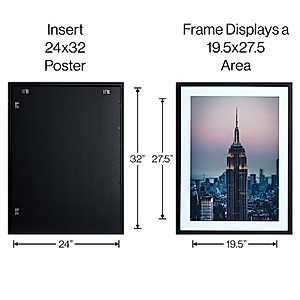 Frame Amo 24x32 Black Solid Wood Picture Frame with 19.5x27.5 White Mat Opening for 20x28 Image, 1 Inch Border, Acrylic Face