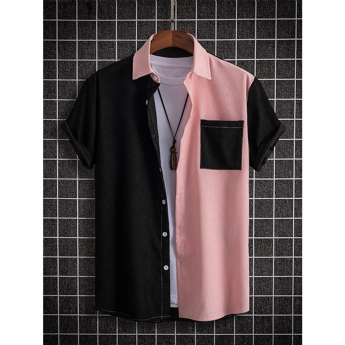 Milumia Men's Casual Button Up Shirt Pocket Short Sleeve Colorblock Blouse Tops Pink and Black Large