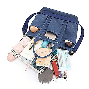 JQWYGB Canvas Tote Bag for Women - Large Capacity Multi Pocket Tote Bag with Zipper Canvas Shoulder Handbags for School Work (Dark Blue)