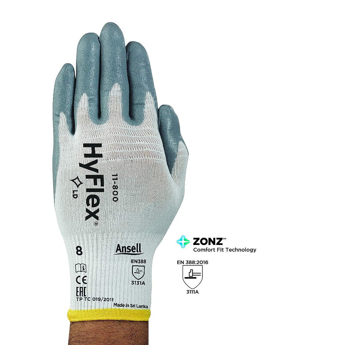 Ansell HyFlex 11-800 Nylon Glove, Gray Foam Nitrile Coating, Knit Wrist Cuff, Medium, Size 8 (Pack of 12)