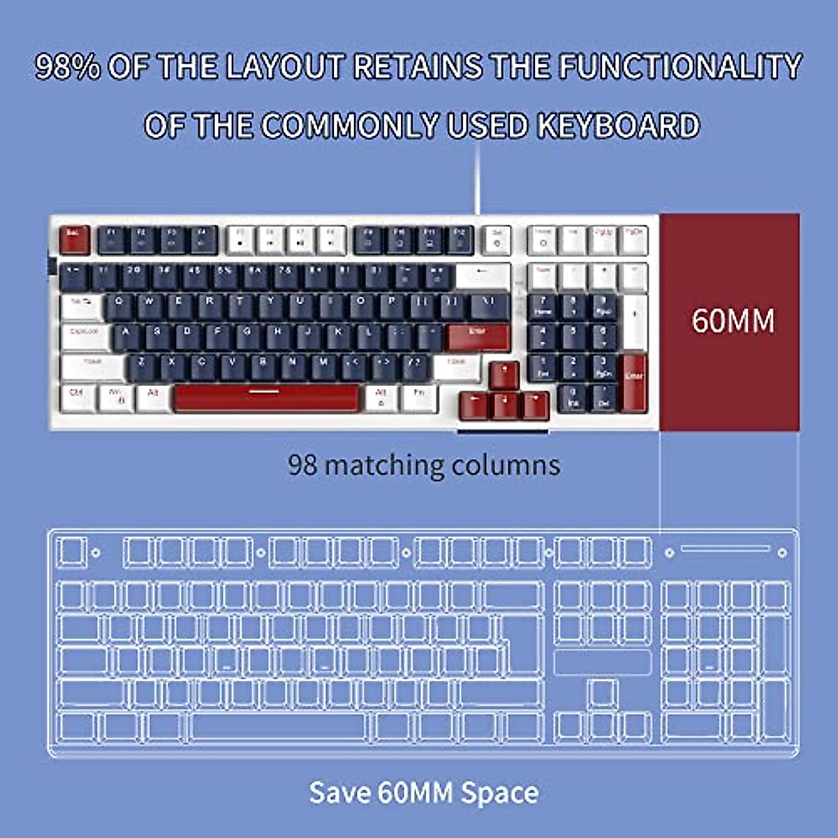 MageGee Mechanical Keyboard, Star98 Wired Gaming Keyboard Backlit Ultra-Slim USB Keyboards with Blue Switches 98 Keys for PC Windows Computer Laptop - White Blue/Blue Switches