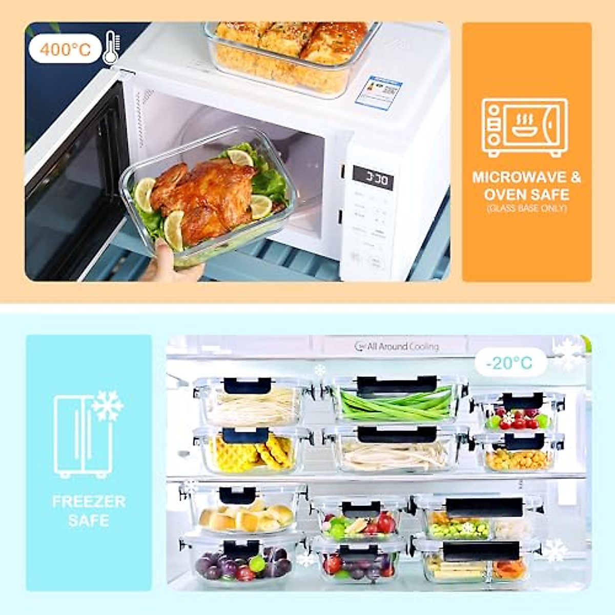 MVDHDT 16 Piece (8 Glass Containers and 8 Lids),12.5+35.1 OZ Black Glass Containers With Lids,Rectangles Meal Prep Containers Reusable Glass,for Microwave, Oven, Freezer and Dishwasher
