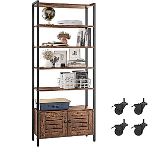 IRONCK Bookshelf and Bookcase with 2 Doors and 5 Shelves, 27.6" W Standing Storage Cabinet for Living Room, Home Office, Bedroom, Washroom, Vintage Brown
