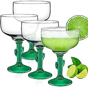 4 Pack Cactus Margarita Glasses Saguaro Margarita Glasses Cactus Green Rim Hand Blown Cactus Cocktail Glass for Drinking Margaritas, Pina Coladas, Daiquiris, and Other Cocktails (12 oz)