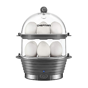 Chefman Electric Egg Cooker Boiler, Rapid Egg-Maker & Poacher, Food & Vegetable Steamer, Quickly Makes 12 Eggs, Hard or Soft Boiled, Poaching and Omelet Trays Included, Ready Signal, BPA-Free, Grey