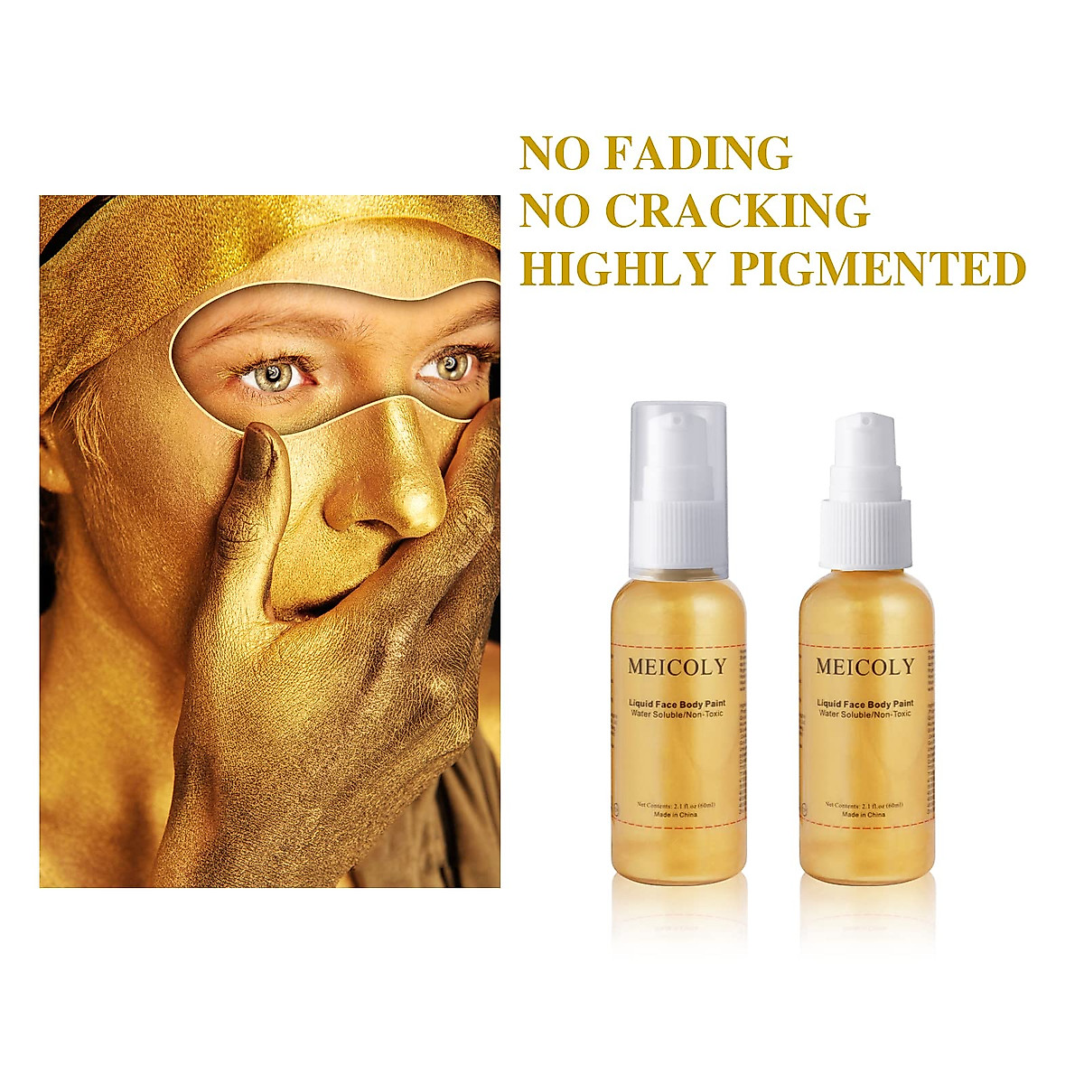 MEICOLY Cream Gold Face Body Paint,2.1Oz Smudge-proof Gold Body Paint,Water Based Washable Full Body Paint for Adults and Kids,Halloween SFX Special Effects Christmas Highlight Makeup,Metallic Gold