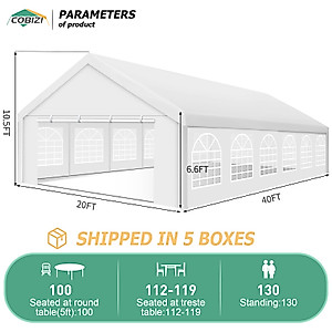 COBIZI 20x40ft Party Tent Heavy Duty, Wedding Tent, Event Tents For Parties, Carpas Para Fiestas With 8 Removable Sidewalls, 20x40 Tent with Built-in Sandbag, UV50+, Big Tent For Party, Carport, White