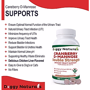 Cranberry D-Mannose for Dogs and Cats Urinary Tract Infection Support Prevents and Eliminates UTI, Bladder Infection Kidney Support, Antioxidant (Double Strength Tablet, 60 Count)