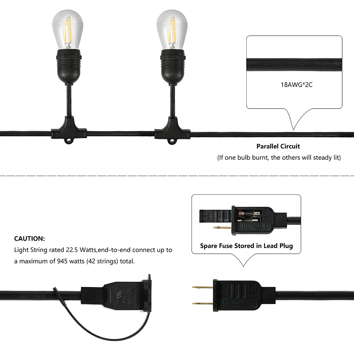 JONATHAN Y JYL8702A Indoor Outdoor Rustic Industrial LED S14 Edison Buld String Lights Garden Patio Backyard Porch Balcony, 48 ft. 15-Light, Black