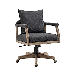 Luoyisimall Adjustable Swivel Desk Chair，Boucle Upholstered Seat Home Office Computer Chair with Wheels and Back Pillow,Solid Wood Task Execution Armchair for Office Study Makeup (Black)