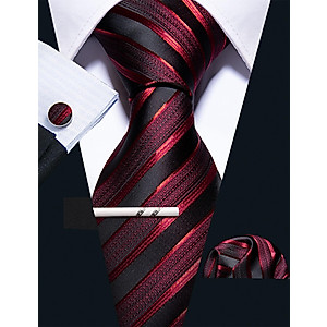 Barry.Wang Mens Stripe Plaid Tie Set with Pocket Square Cufflink Tie Clip Necktie Business Wedding 6PC