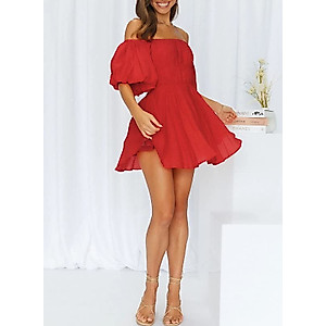 Dokotoo Summer Dresses for Women 2023 Fashion Lantern Sleeve Off Shoulder Dresses for Wedding Guest Ruffle Elastic Waist A-Line Casual Red Mini Dress X-Large