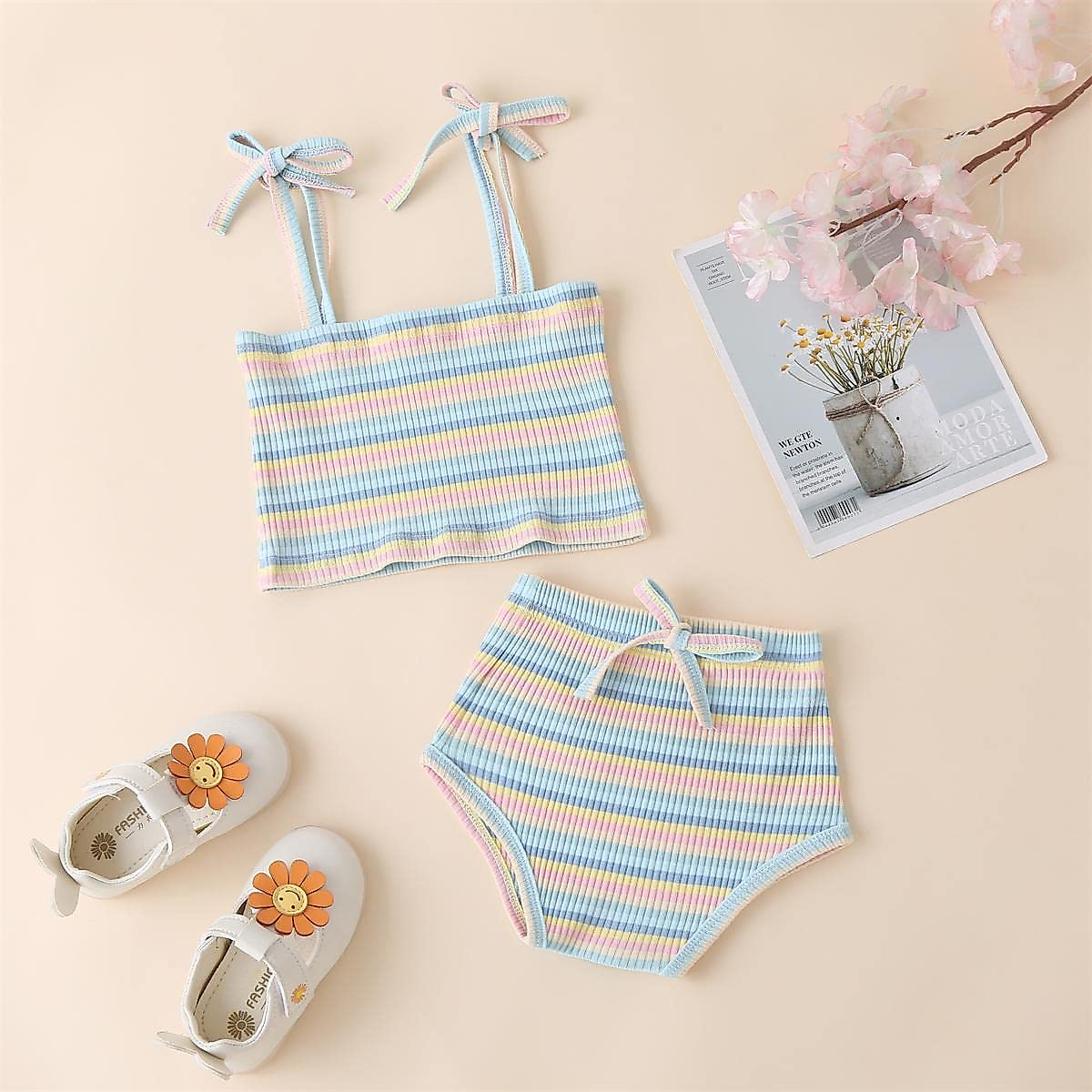 MODNTOGA Newborn Toddler Baby Girls Summer Clothes Set Rainbow Outfits Sleeveless Halter Tank Top Striped Shorts Pants (Blue Yellow, 3-6 Months)