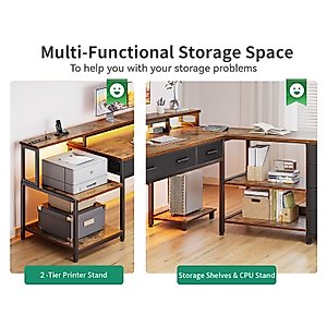 AODK 79" L Shaped Desk with 7 File Drawers, L Shaped Computer Desk with 2 Power Outlets & Monitor Shelf, Home Office Desk with Storage Shelves, Reversible Gaming Desk with LED Light, Vintage