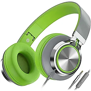 AILIHEN C8 Foldable Wired Headphones with Microphone and Volume Control for Cellphones Tablets Chromebook Smartphones Laptop Computer PC Mp3/4 (Grey/Green)