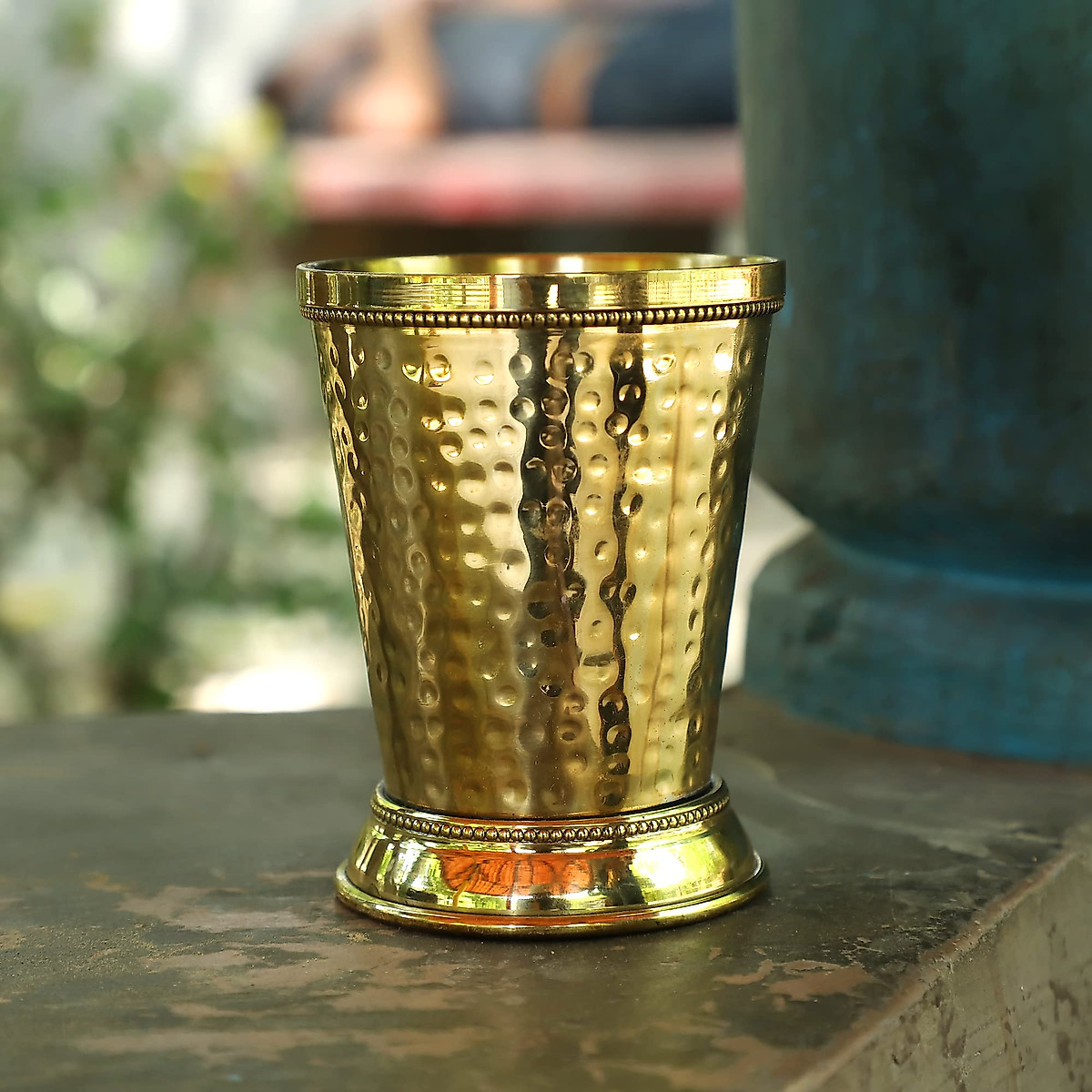 HANDTECHINDIA Mint Julep Cups For Bourbon Cocktail Moscow Mule Kentucky Derby Classic Beaded Trim Border Made by Soild Brass Capacity-12 Ounce (Hammered, 2)