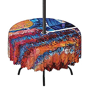 Lirduipu Country Pattern Round Outdoor Tablecloth,Stain-Resistant Non-Slip Outdoor Round Tablecloth with Umbrella Hole and Zipper,for Party Patio Garden Tabletop Decor(72" Round,Multicolor)