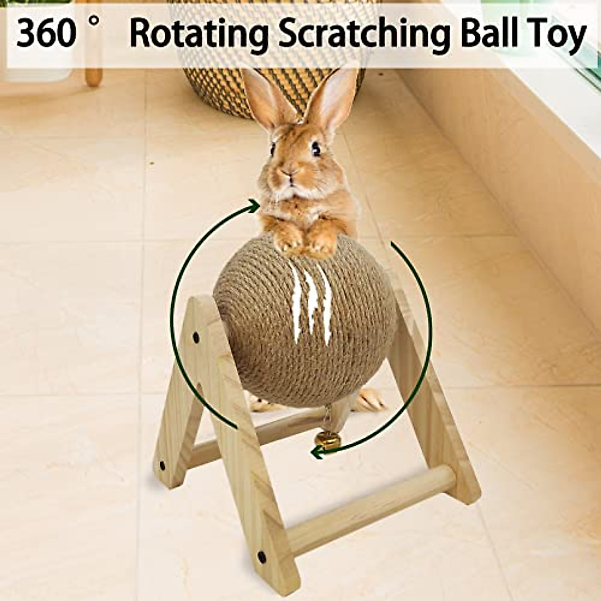 BNOSDM Rabbit Scratch Ball Sisal Bunny Scratching Toy, Wooden Pet Scratcher Stand with Ball for Indoor Rabbits Bunny, Kittens and Small Animals